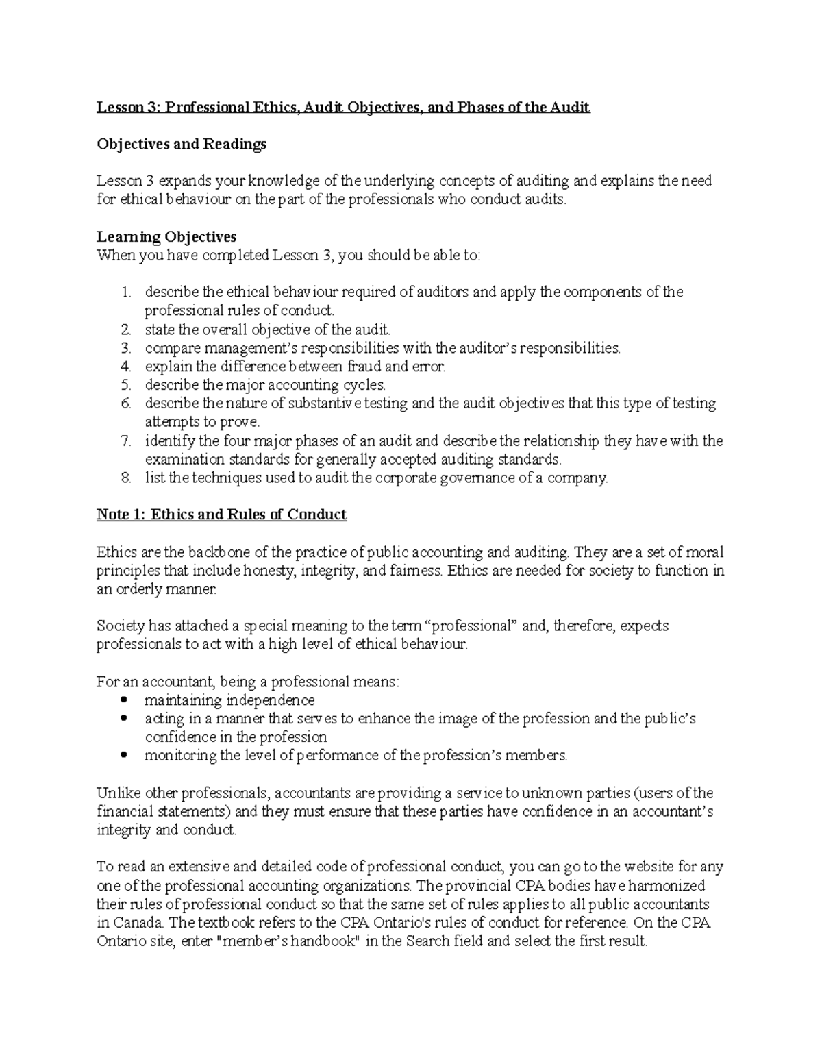 Lesson 3 - Professional Ethics, Audit Objectives, and Phases of the ...