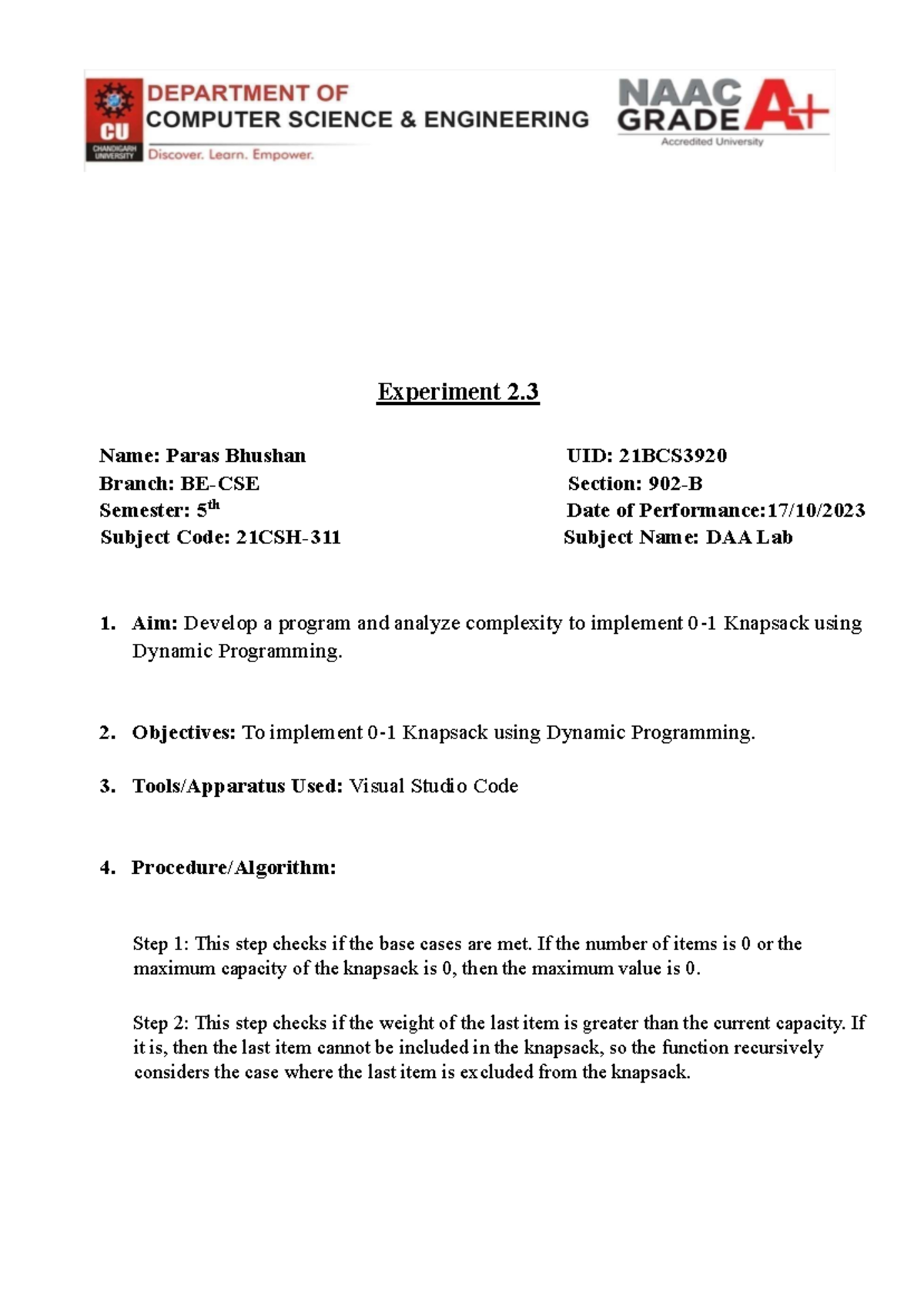 Paras 2 - Bba - Experiment 2. Name: Paras Bhushan UID: 21BCS Branch: BE-CSE Section: 90 2 - B ...