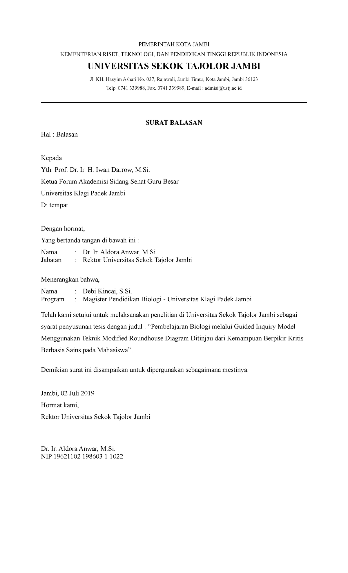 Contoh Surat Balasan Penelitian dari Kampus untuk Penyusunan Tesis ...