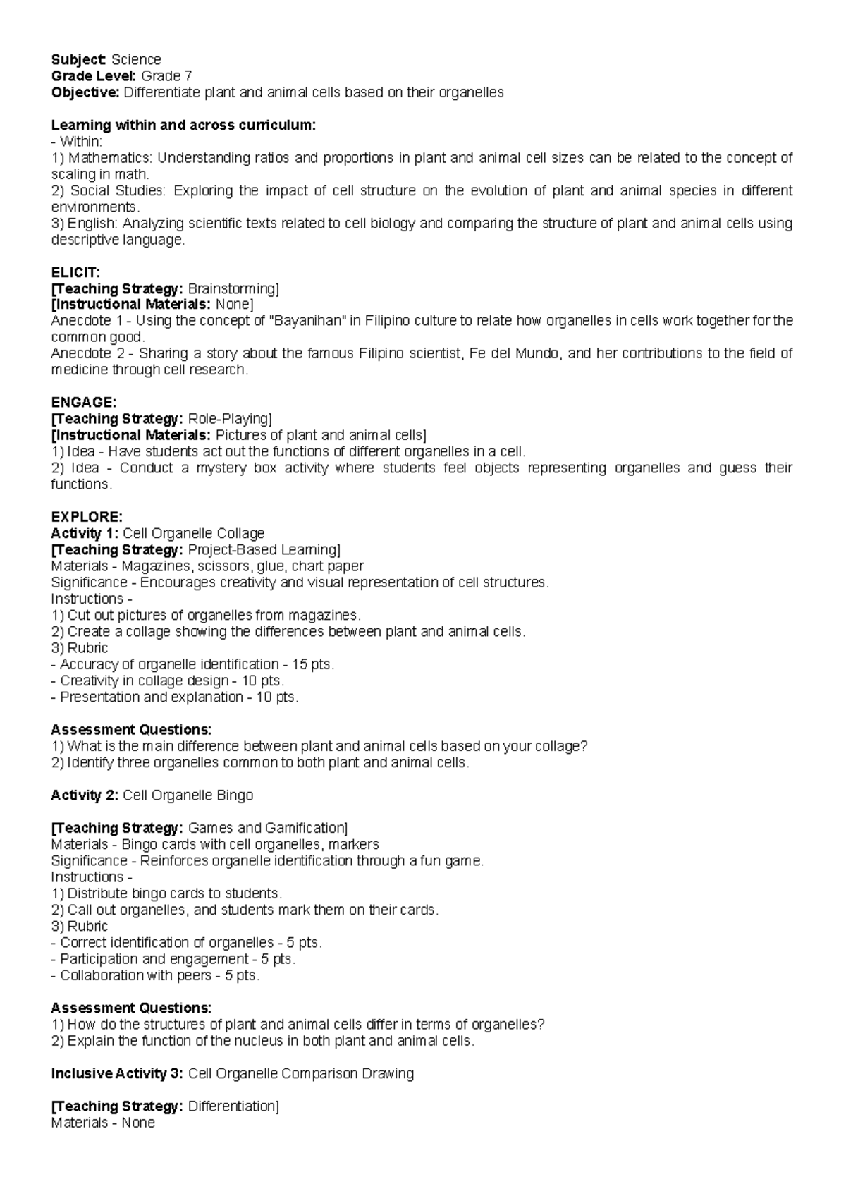 Lesson plan - Subject: Science Grade Level: Grade 7 Objective ...