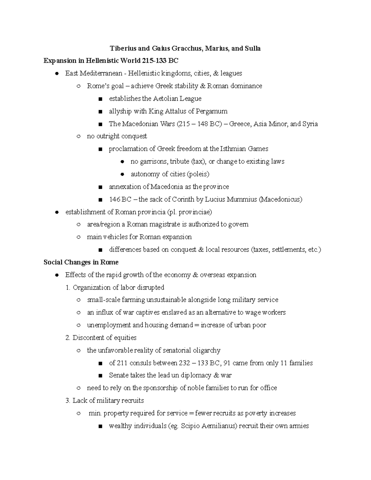 Tiberius and Gaius Gracchus, Marius, and Sulla Notes - 7LEHULXV DQG ...
