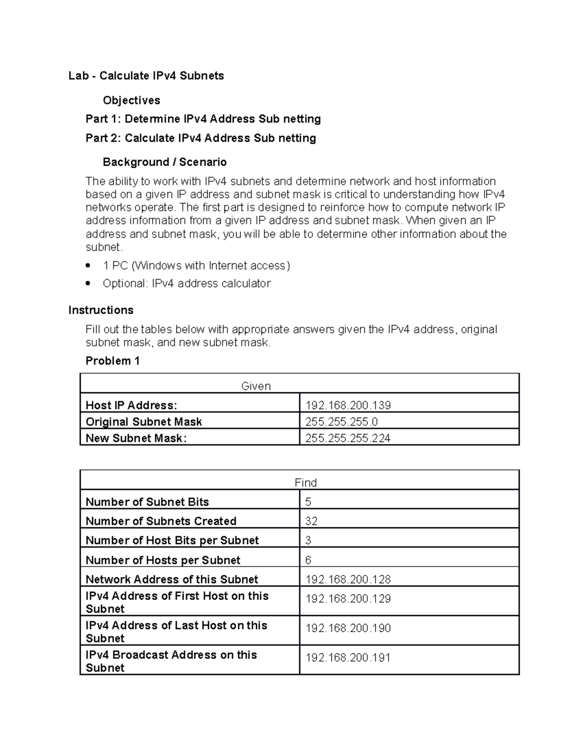 Ipv4 Addressing Assingment Lab Calculate Ipv4 Subnets Objectives
