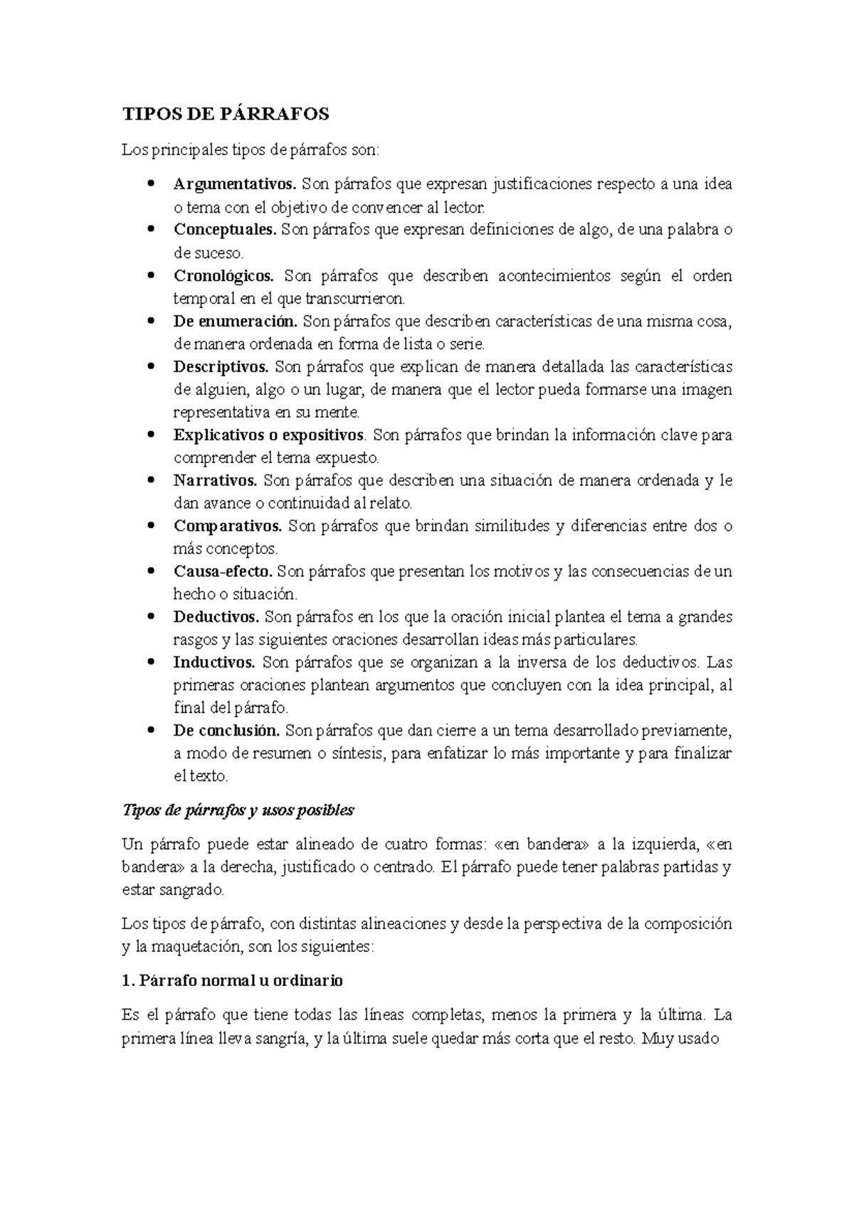 TXT Tipos DE Párrafos - TIPOS DE PÁRRAFOS Los principales tipos de ...