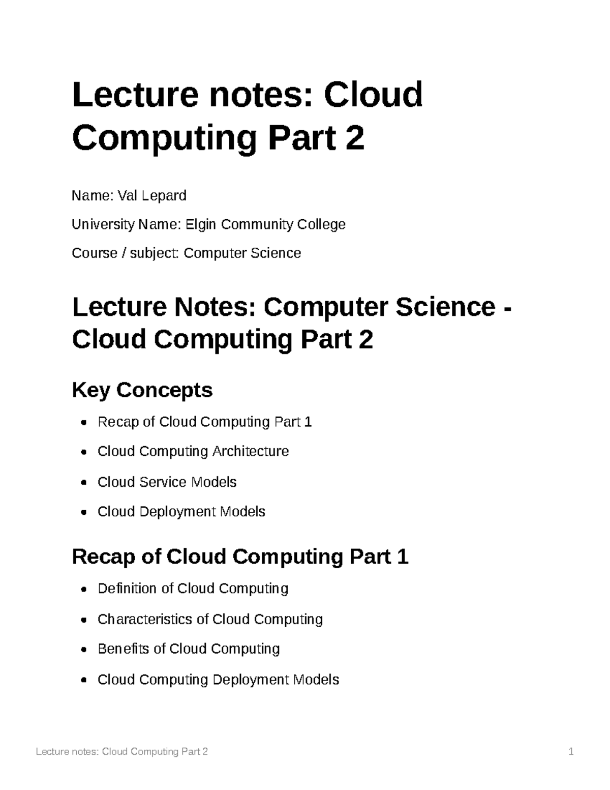 Lecture Notes Cloud Computing Part 2 Lecture Notes Cloud Computing Part 2 Name Val Lepard