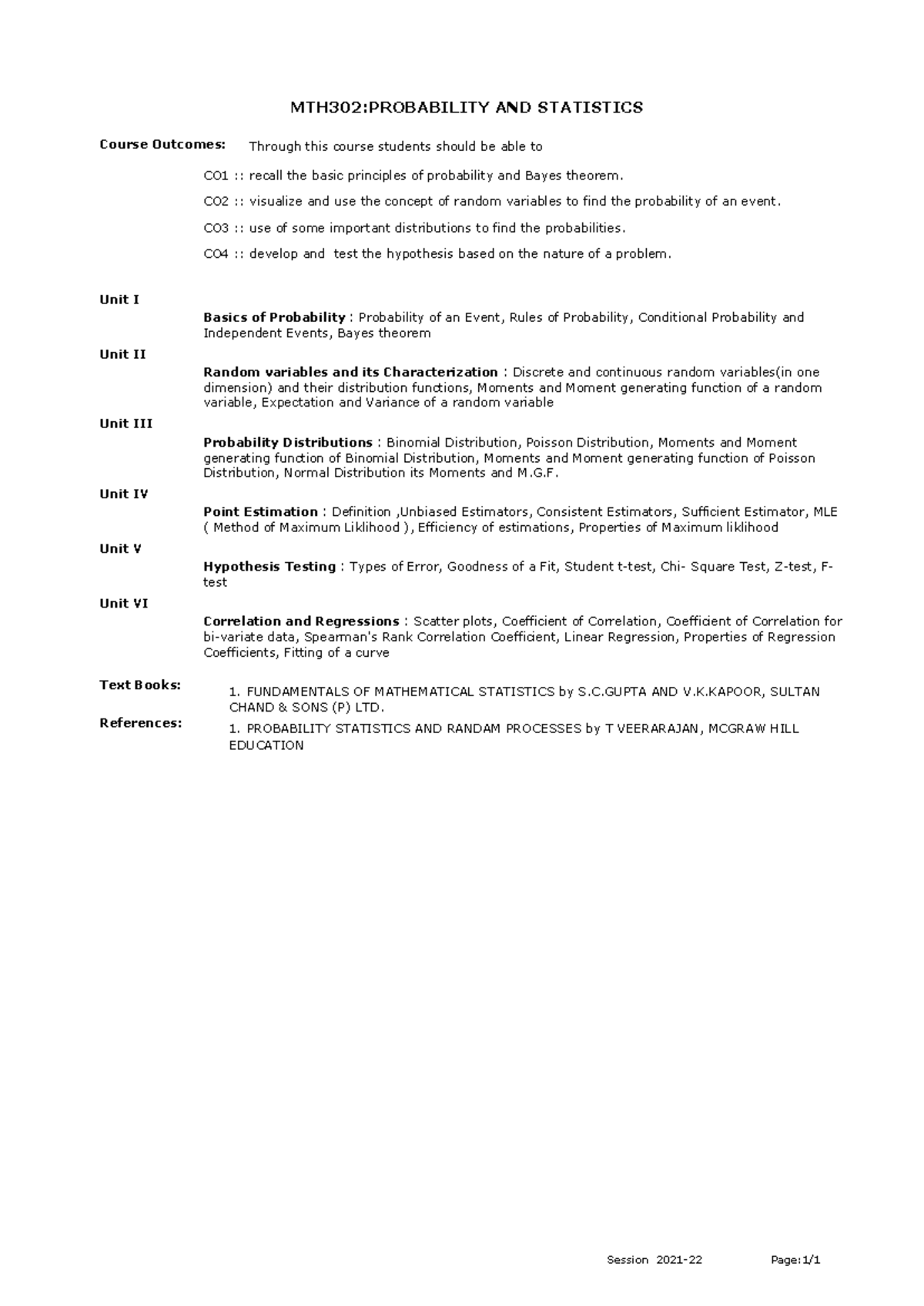Syllabus - MTH302:PROBABILITY AND STATISTICS Course Outcomes: CO1 ...