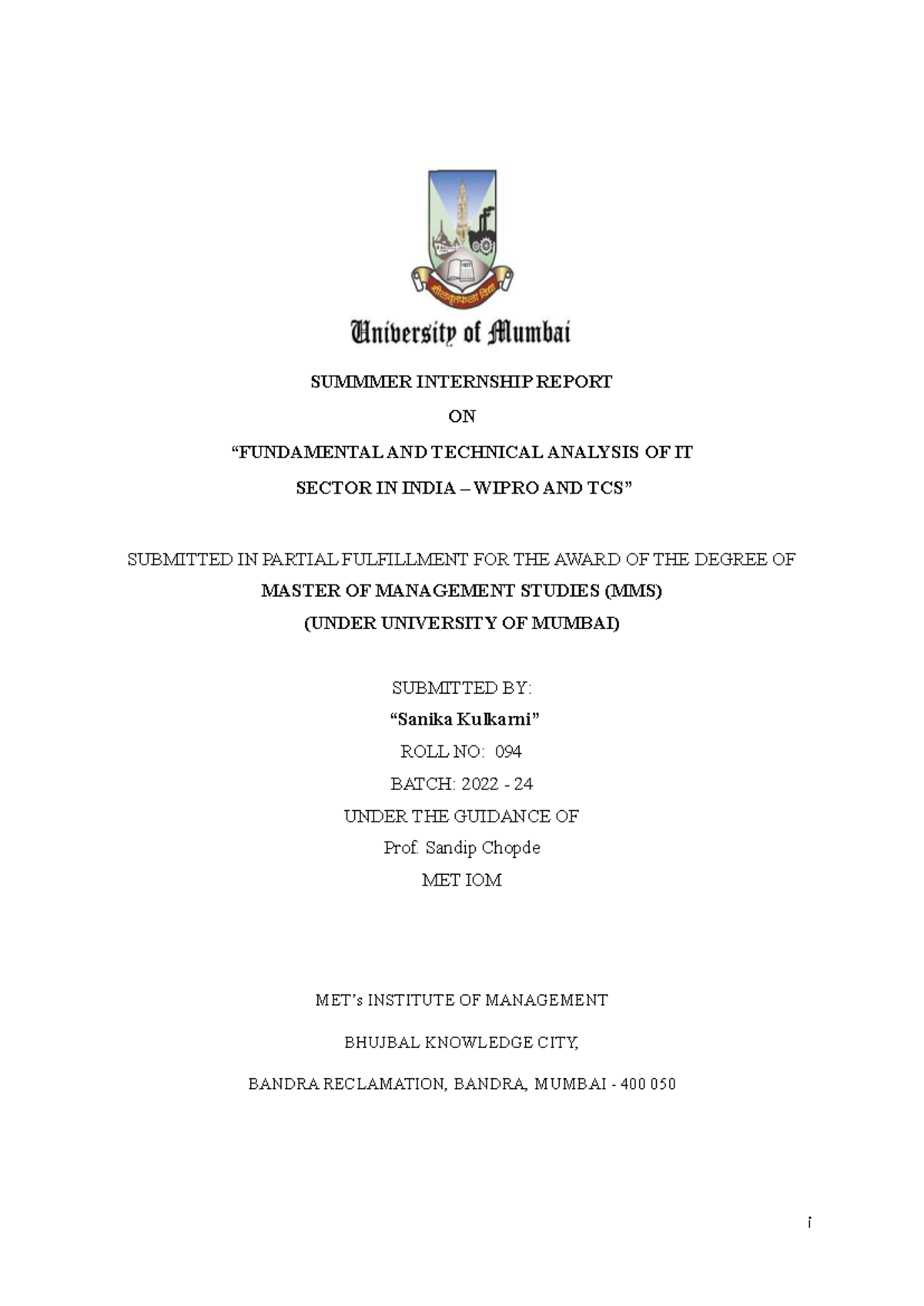 Fundametal and technical analysis of IT sector- Wipro and TCS Final - i ...
