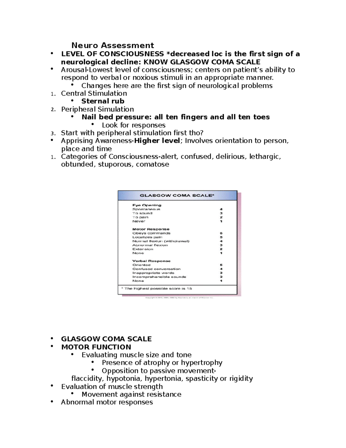 Neuro exam 4 - Neuro Assessment LEVEL OF CONSCIOUSNESS *decreased loc ...