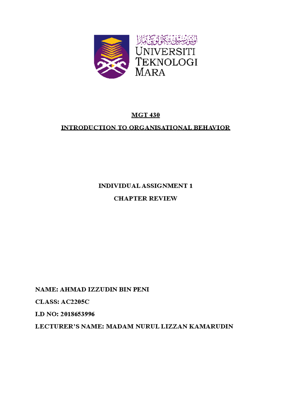 MGT 430 Individual Assignment 1 Ahmad Izzudin BIN PENI AC2205C - MGT ...