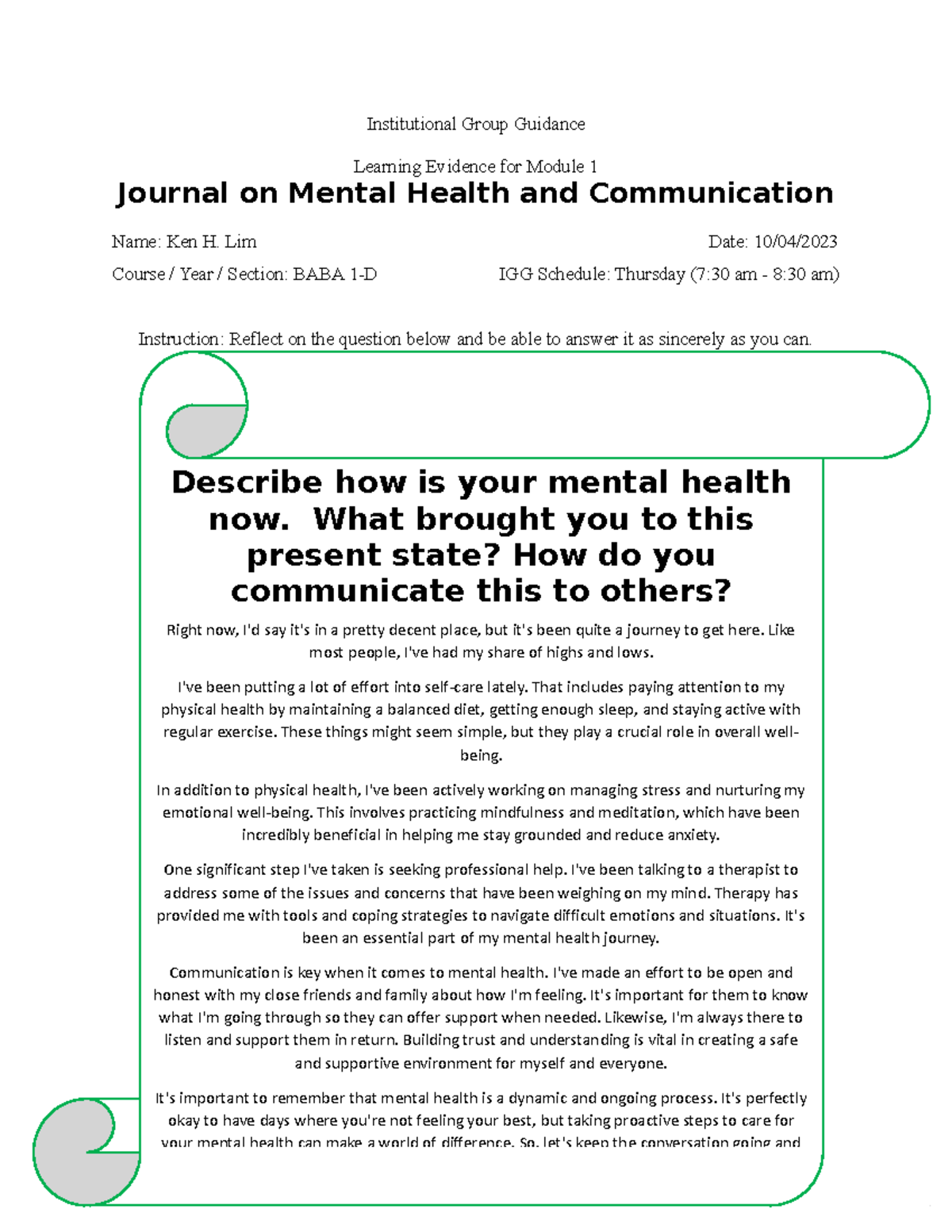 LE 1 Journal on Mental Health and Communication-1 - Institutional Group ...