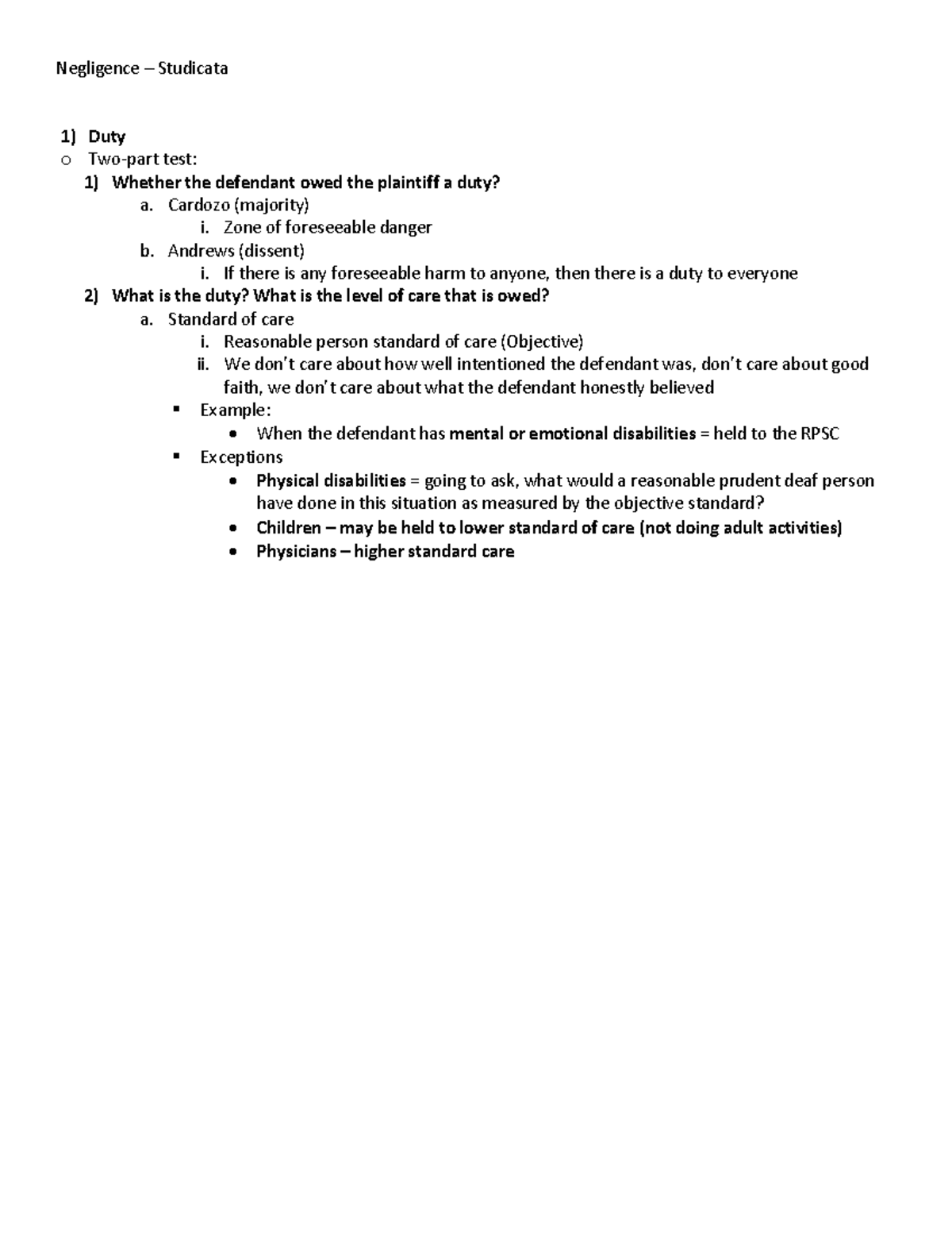 Negligence Torts - Studicata - Negligence – Studicata 1) Duty o Two ...