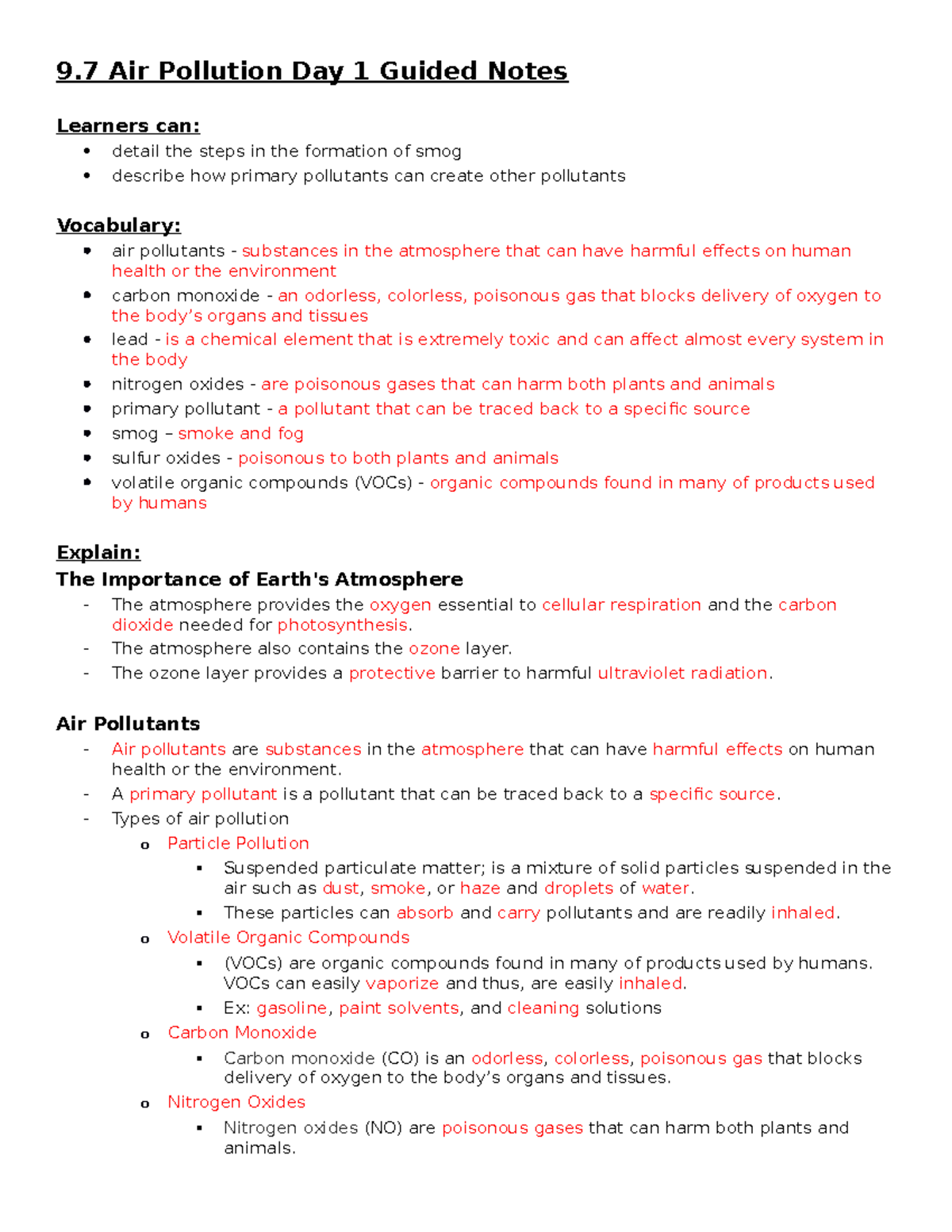 Air Pollution Day 1 Guided Notes Completed - 9 Air Pollution Day 1 ...