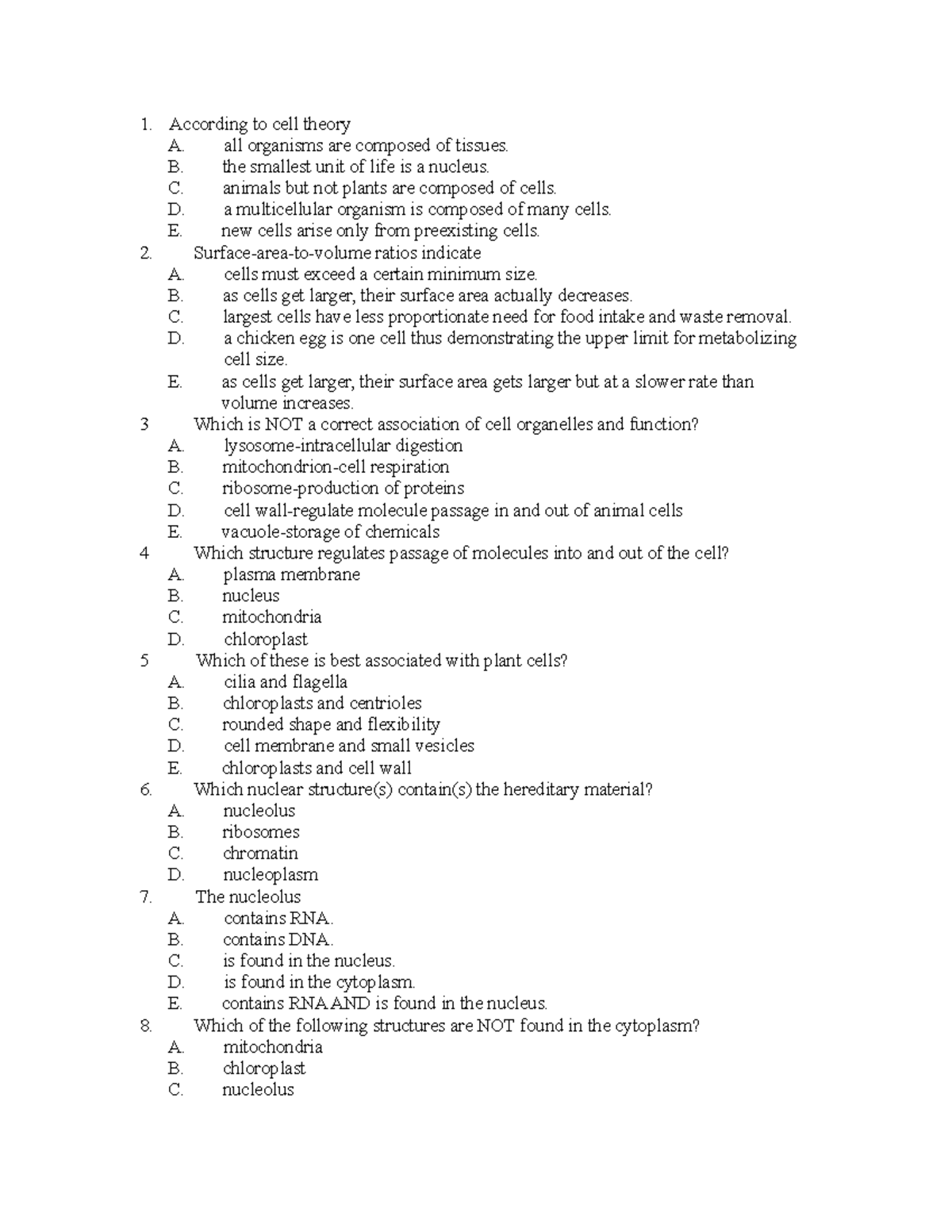 Practice test 2 cell structure - According to cell theory A. all ...