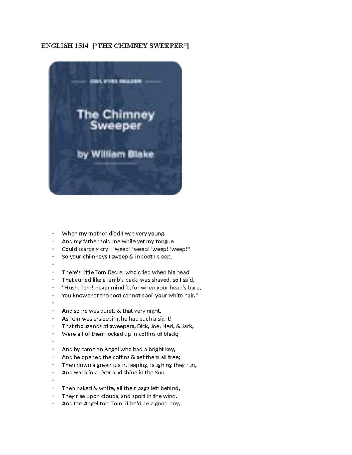 The Chimney Sweeper - English poem - ENGLISH 1514 [“THE CHIMNEY SWEEPER ...