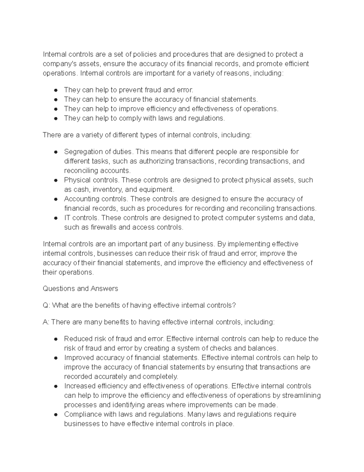 Lecture 6 Internal Controls - Internal controls are a set of policies and procedures that are ...