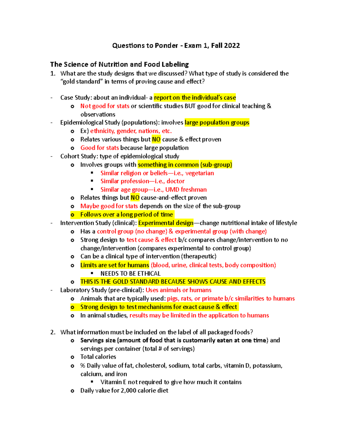 Nutrition Study Guide Exam #1 - Questions to Ponder - Exam 1, Fall 2022 ...