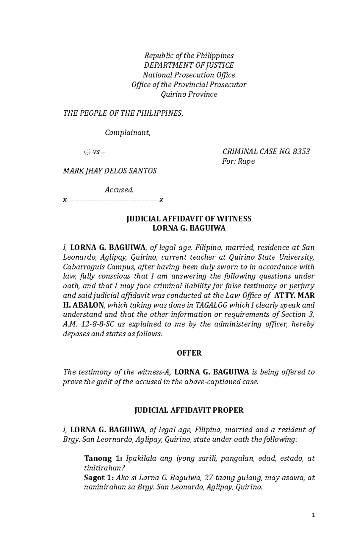 JA of witness A - sample - Republic of the Philippines DEPARTMENT OF ...