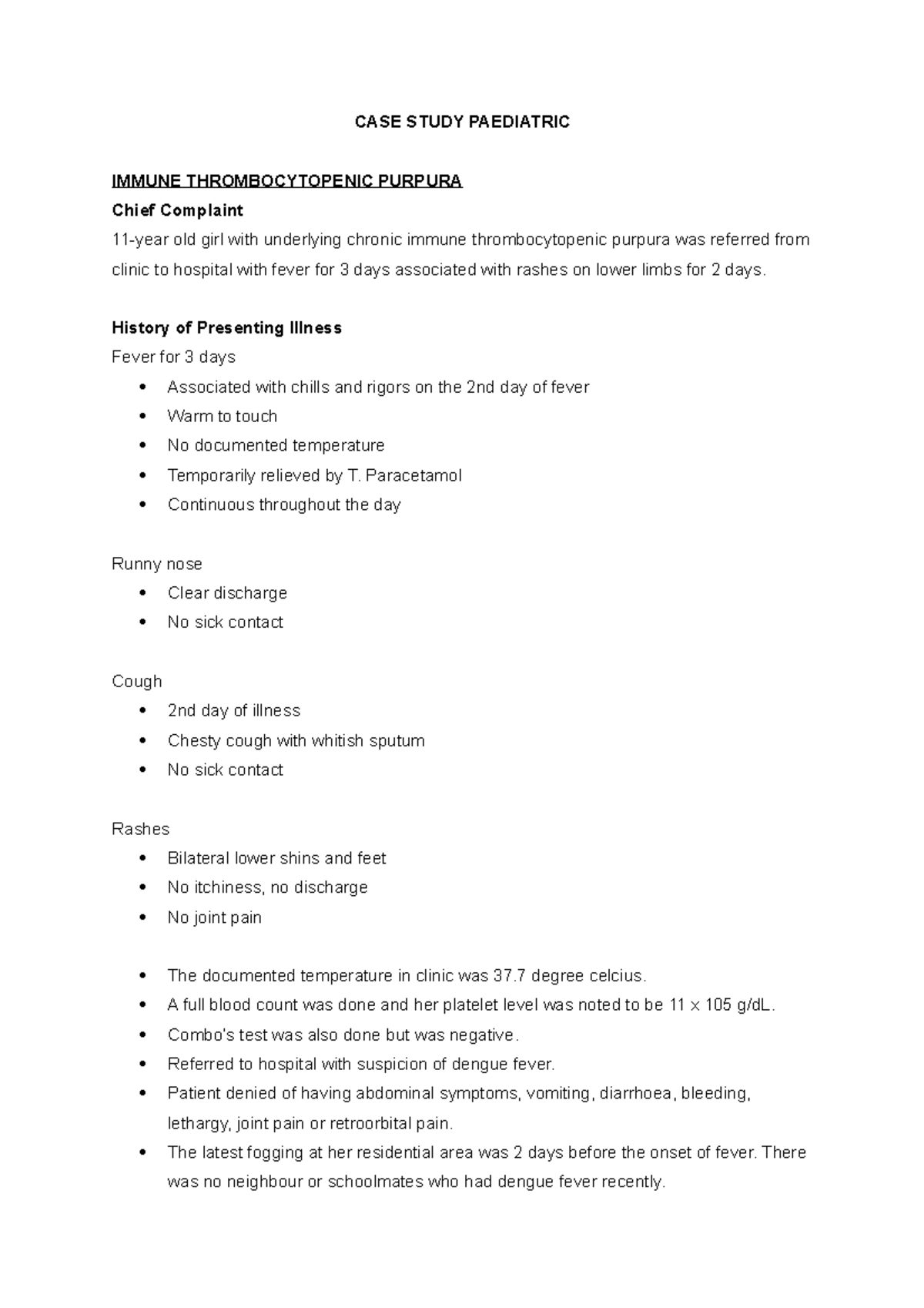 Paediatric Cases - ITP, Kawasaki - CASE STUDY PAEDIATRIC IMMUNE ...