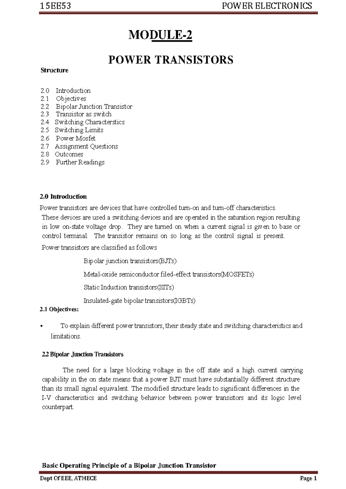 M2 - Lecture Note - MODULE- POWER TRANSISTORS Structure 2 Introduction ...