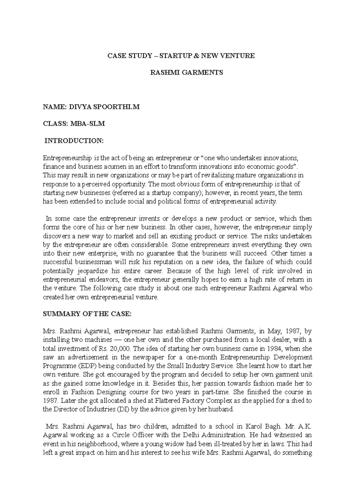 CASE Study Rashmi Garments - CASE STUDY – STARTUP & NEW VENTURE RASHMI ...