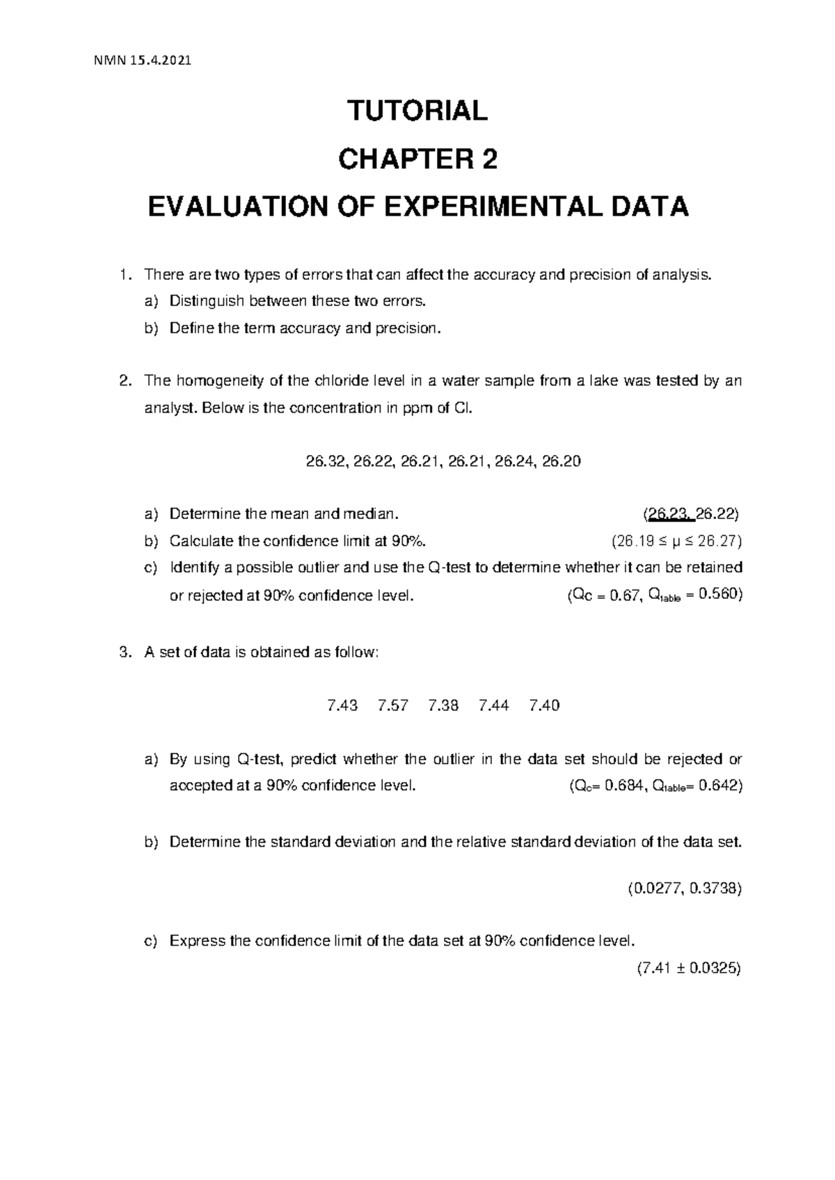Tutorial Chapter 2 - without answer - TUTORIAL CHAPTER 2 EVALUATION OF ...