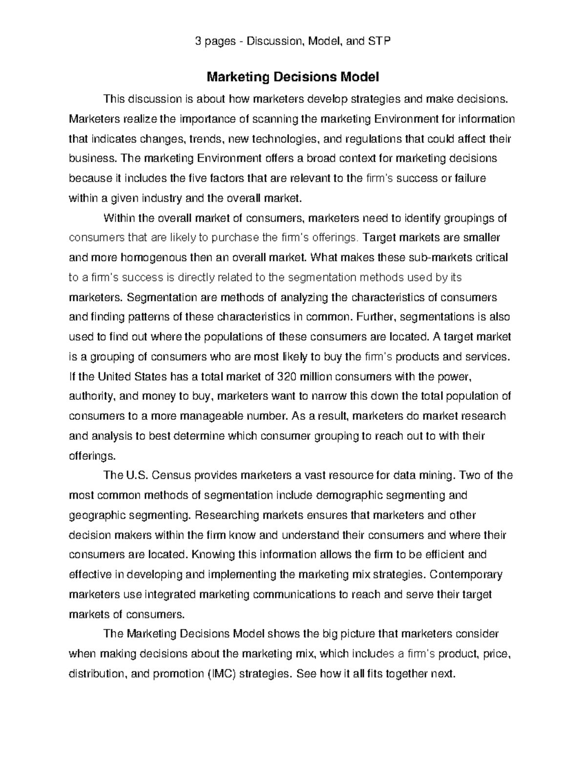 C712 Marketing Decisions model - Marketing Decisions Model This ...