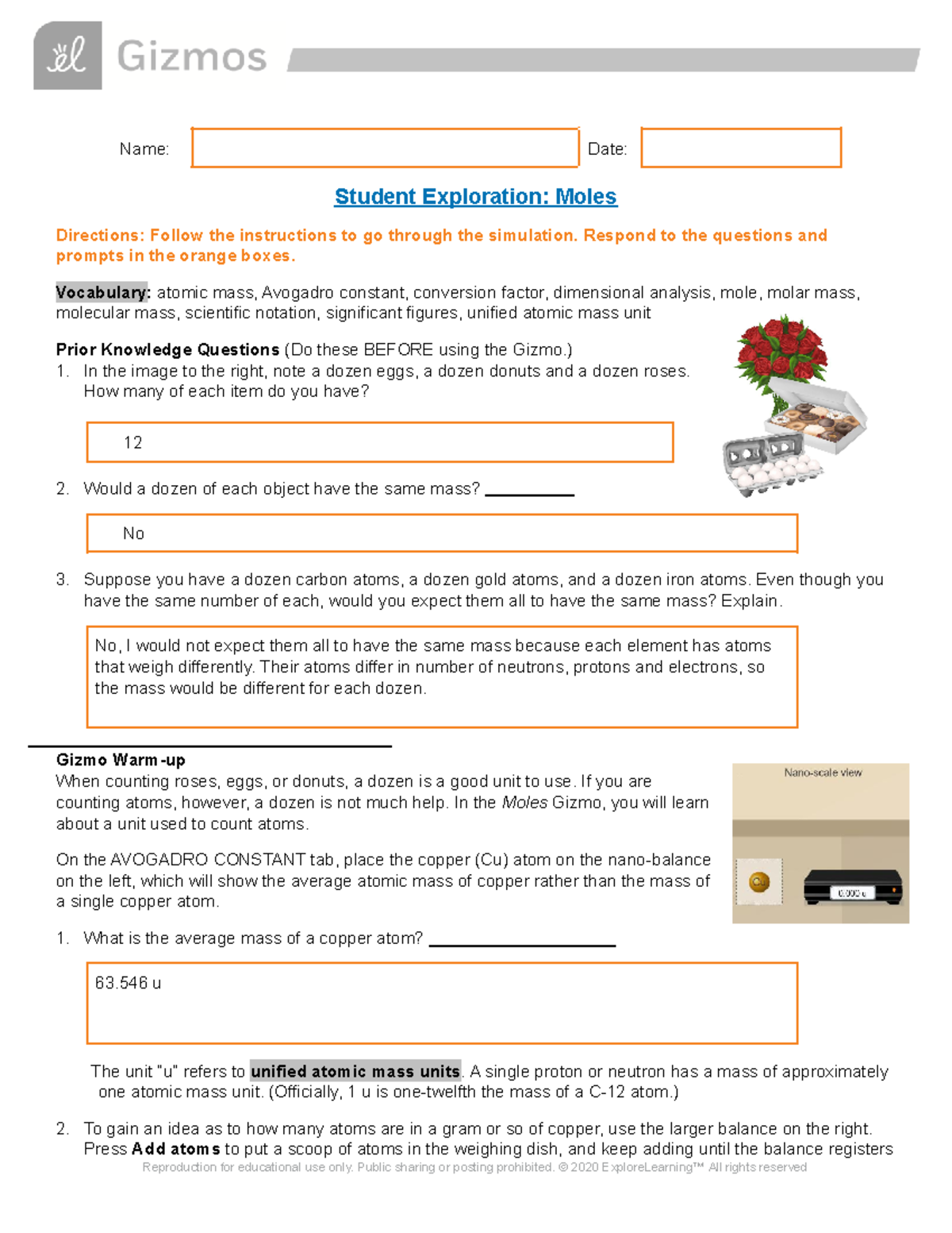 Moles Lab for chemistry - Name: Date: Student Exploration: Moles ...