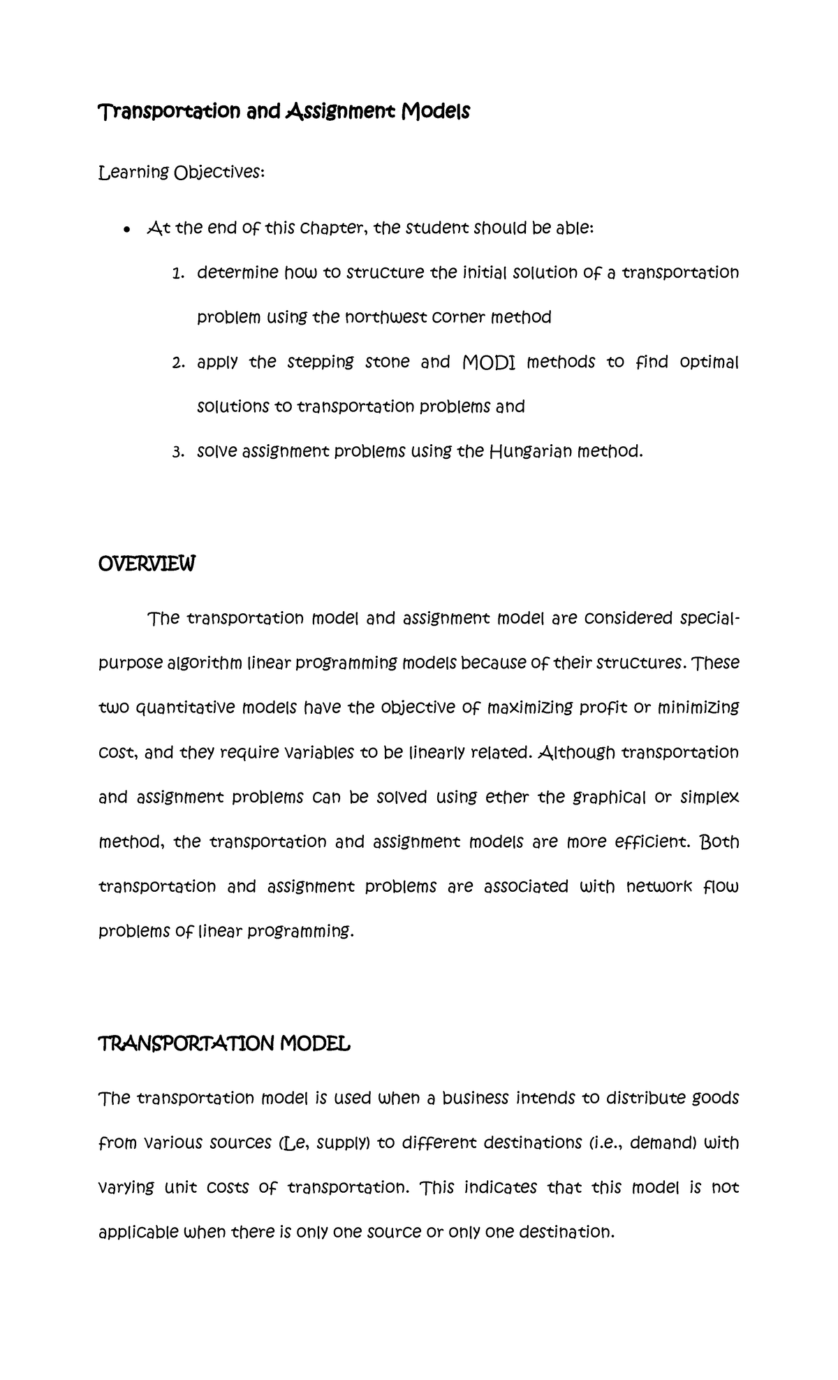Transportation and Assignment Models - Transportation and Assignment ...