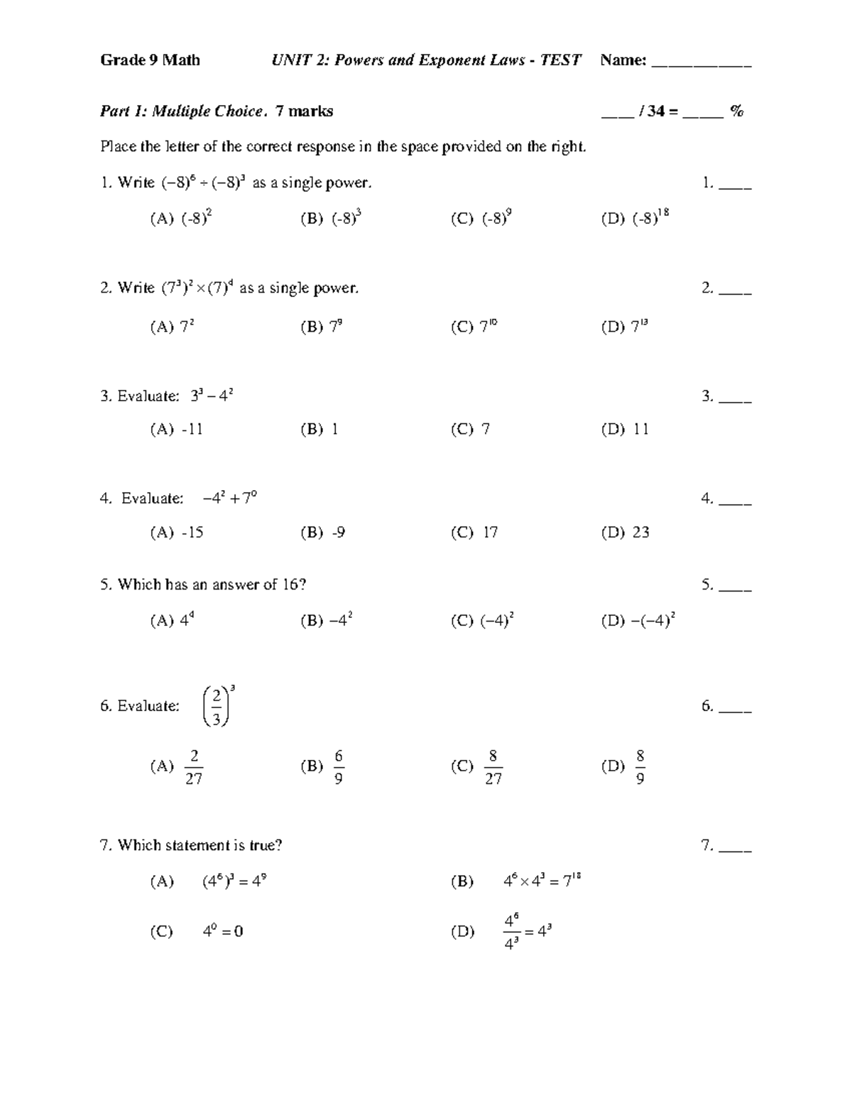 Grade 9 Unit 2 Powers And Exponent Laws TEST Grade 9 Math UNIT 2