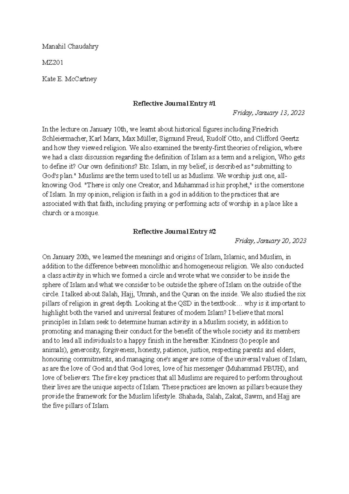 Reflective journal Entries - Manahil Chaudahry MZ Kate E. McCartney ...