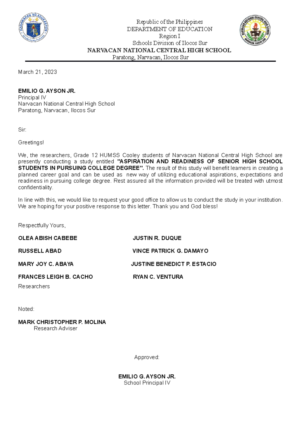 Letter-to-the-principal - Republic of the Philippines DEPARTMENT OF ...