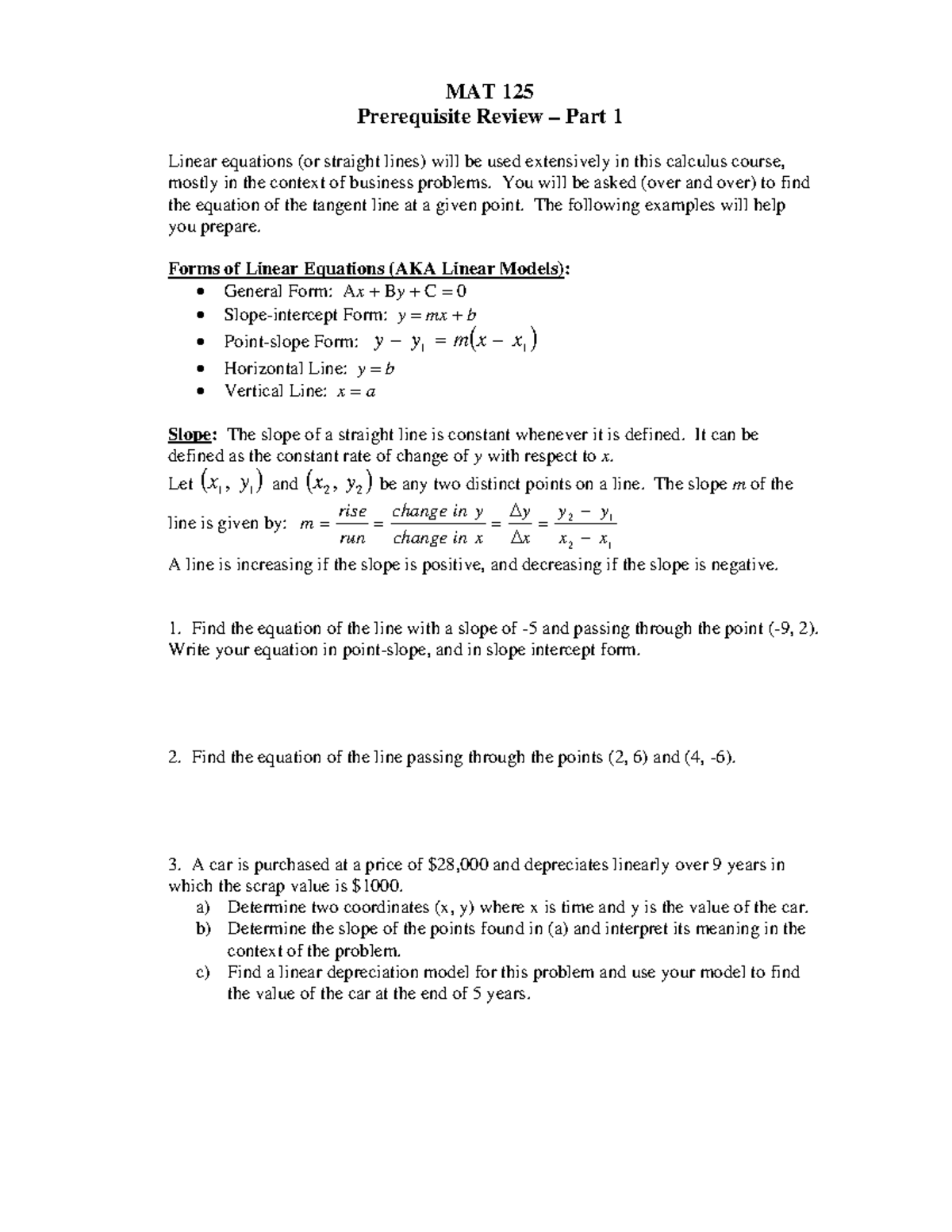 P1 - Lines,Functions - Chapter Summary of important formulas, steps ...