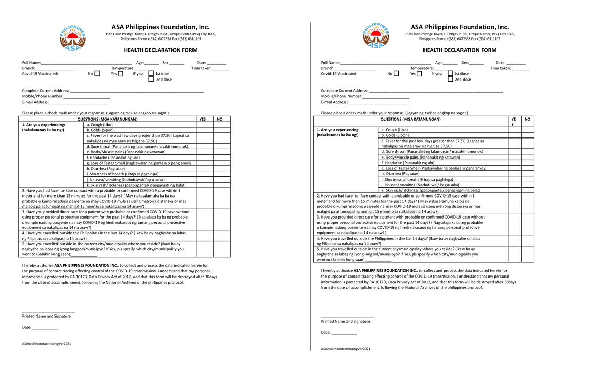 Health Declaration - SOURCE - ASA Philippines Foundation, Inc. 15th ...