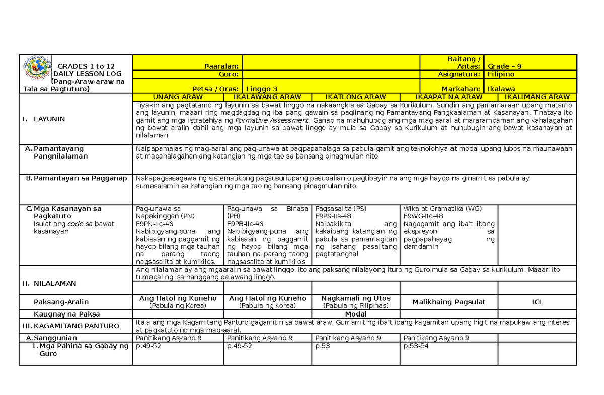 DLL Filipino 9 2ngd Grading (Topic 2) - GRADES 1 to 12 DAILY LESSON LOG ...