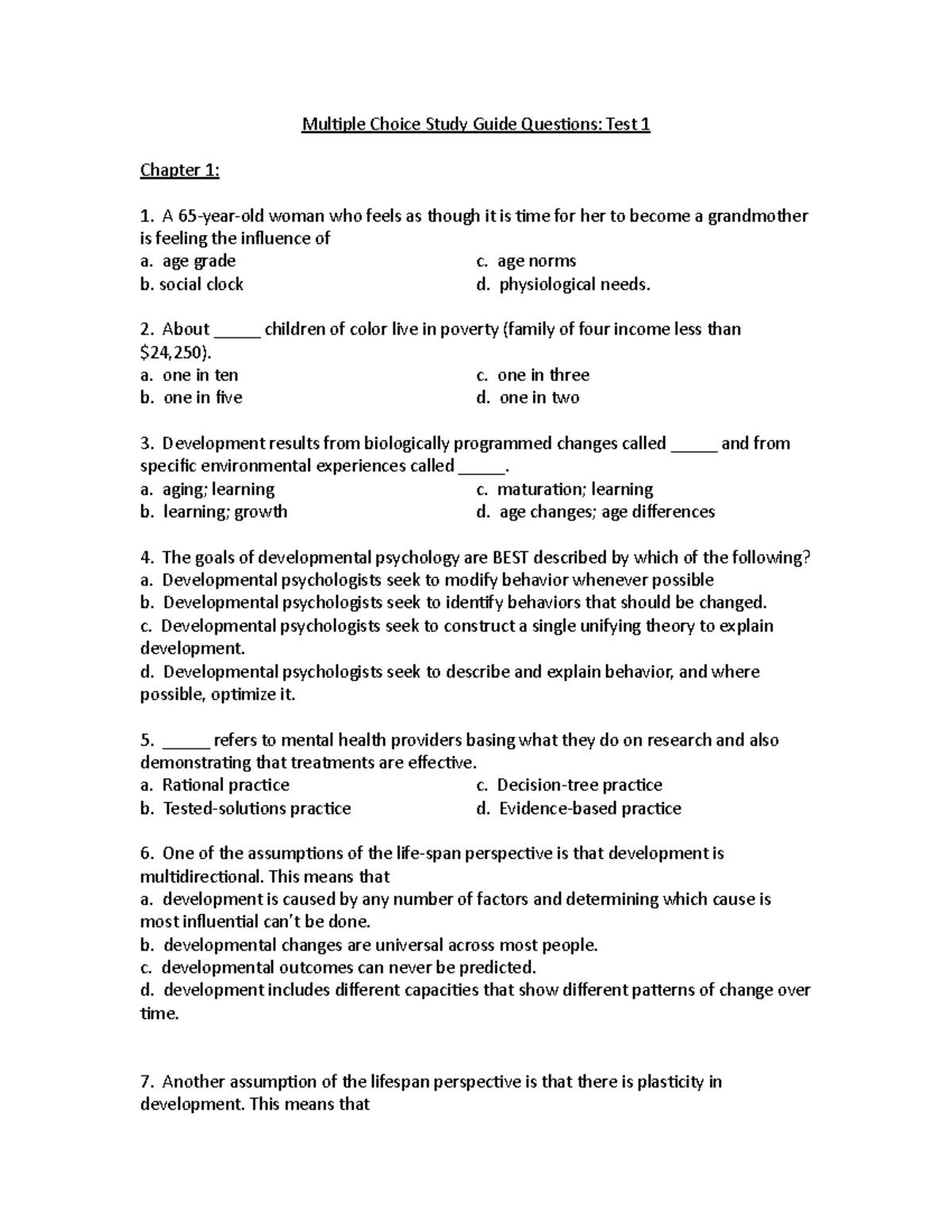 Test 1 Multiple Choice Review Questions Multiple Choice Study Guide