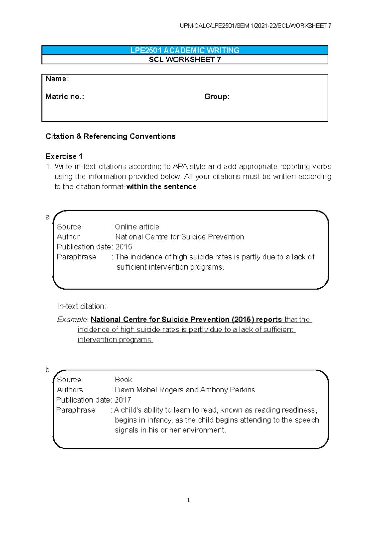 LPE2501 SCL Worksheet 7 - LPE2501 ACADEMIC WRITING SCL WORKSHEET 7 Name ...