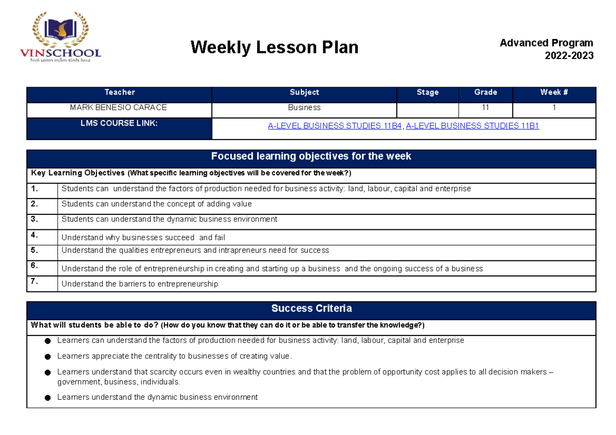 AS Level Business Studies Lesson Plan Week 1 - Weekly Lesson Plan ...