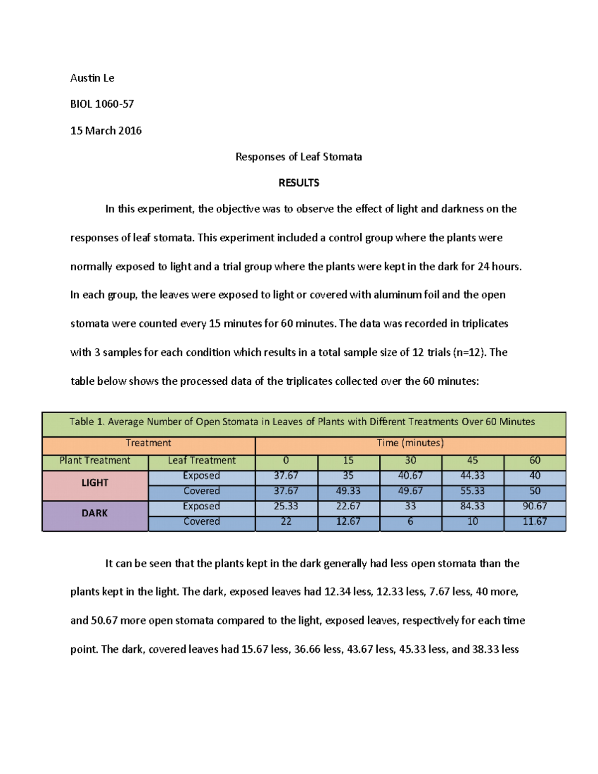 Week 8 Stomata Post Lab - Austin Le BIOL 1060- 15 March 2016 Responses ...