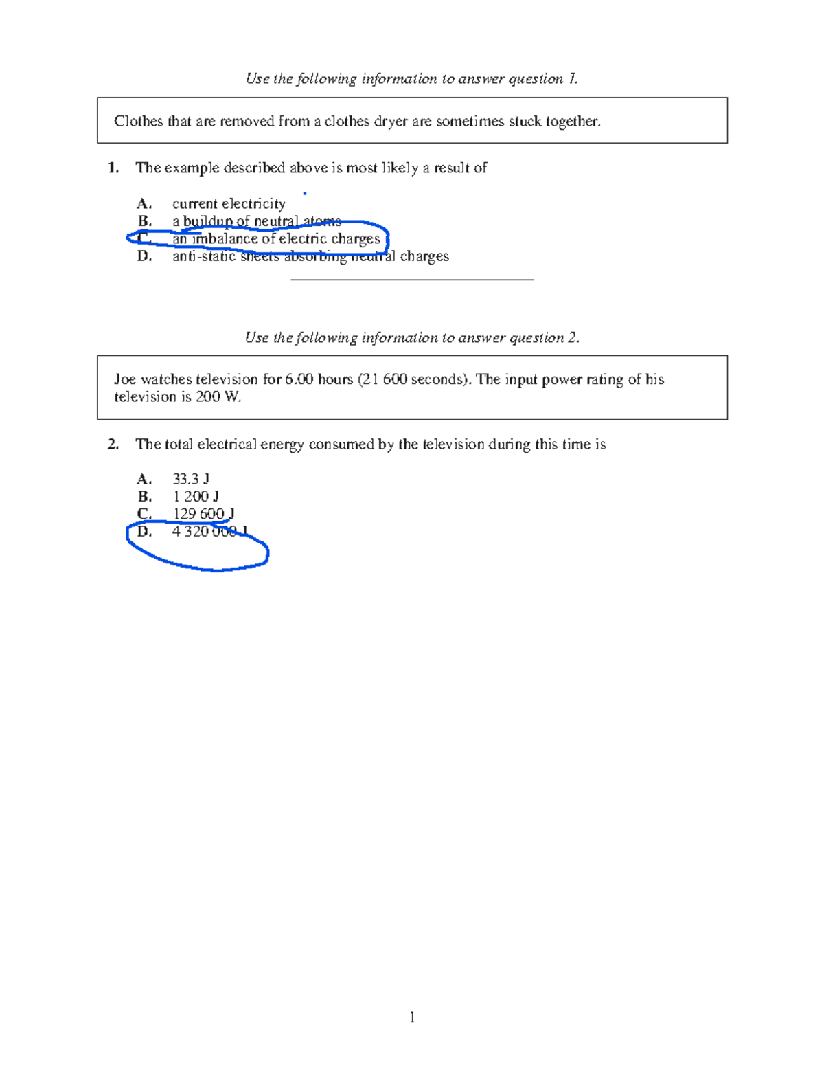 Unit practice test science electrical - Use the following information ...