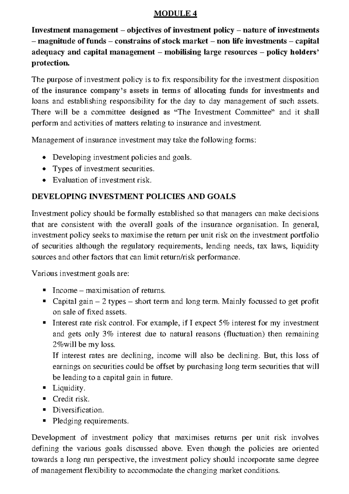 Module 4 - All the best - MODULE 4 Investment management – objectives ...