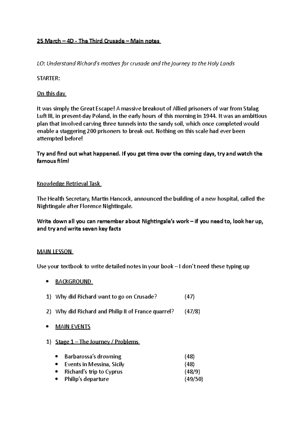 25 March - Lesson 1 - Crusades - 25 March – 4D - The Third Crusade ...