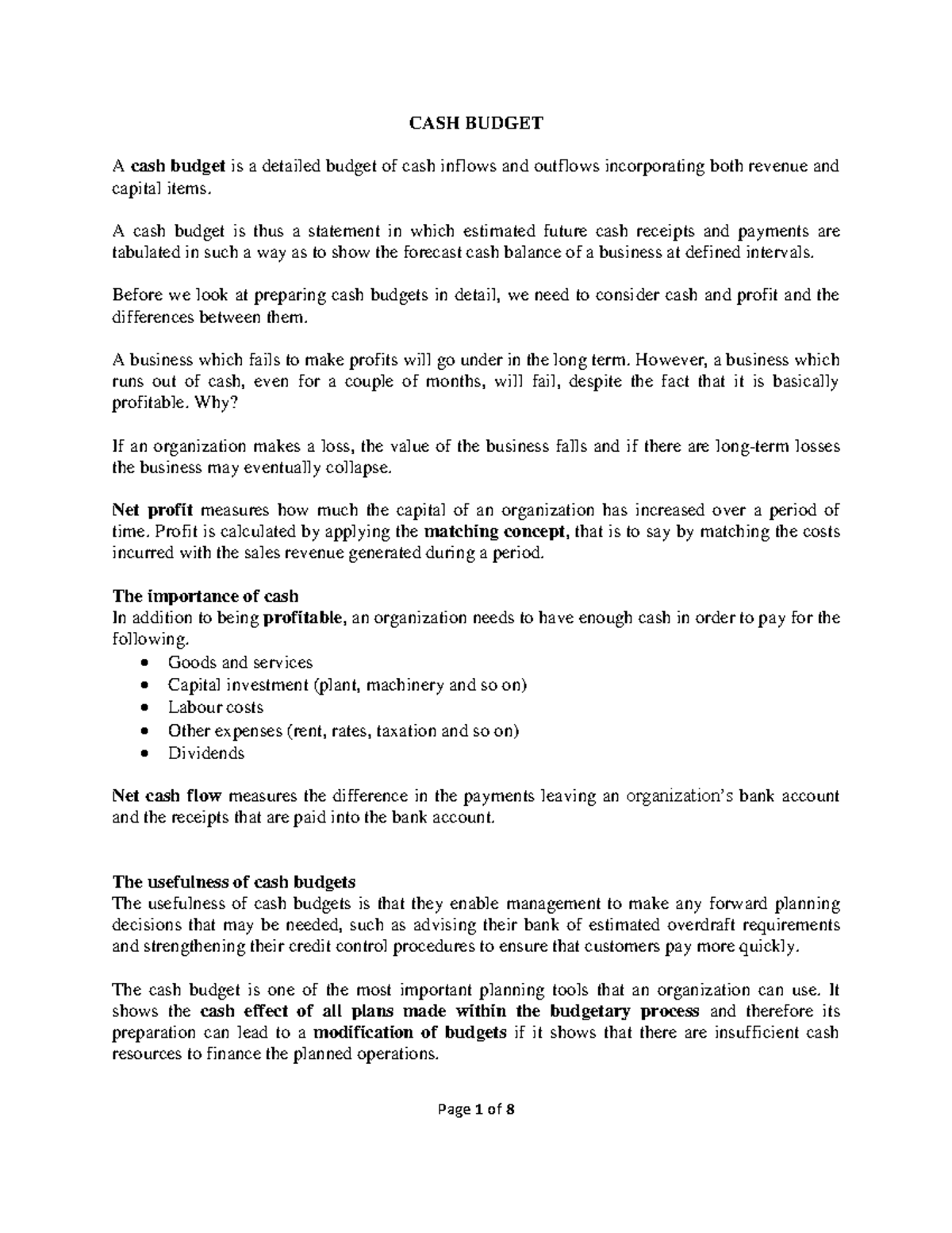 CASH Budget Notes - cost accounting - CASH BUDGET A cash budget is a ...