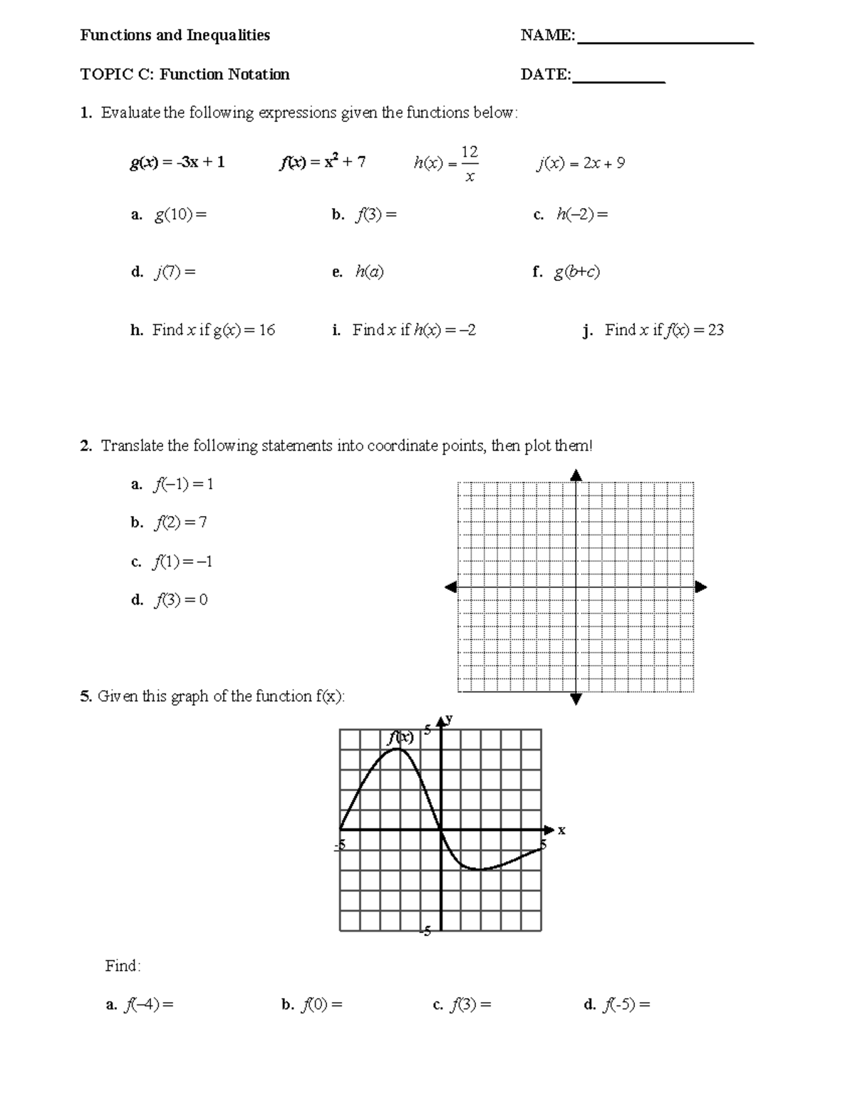 Functions Practice Test II - Functions and Inequalities NAME ...