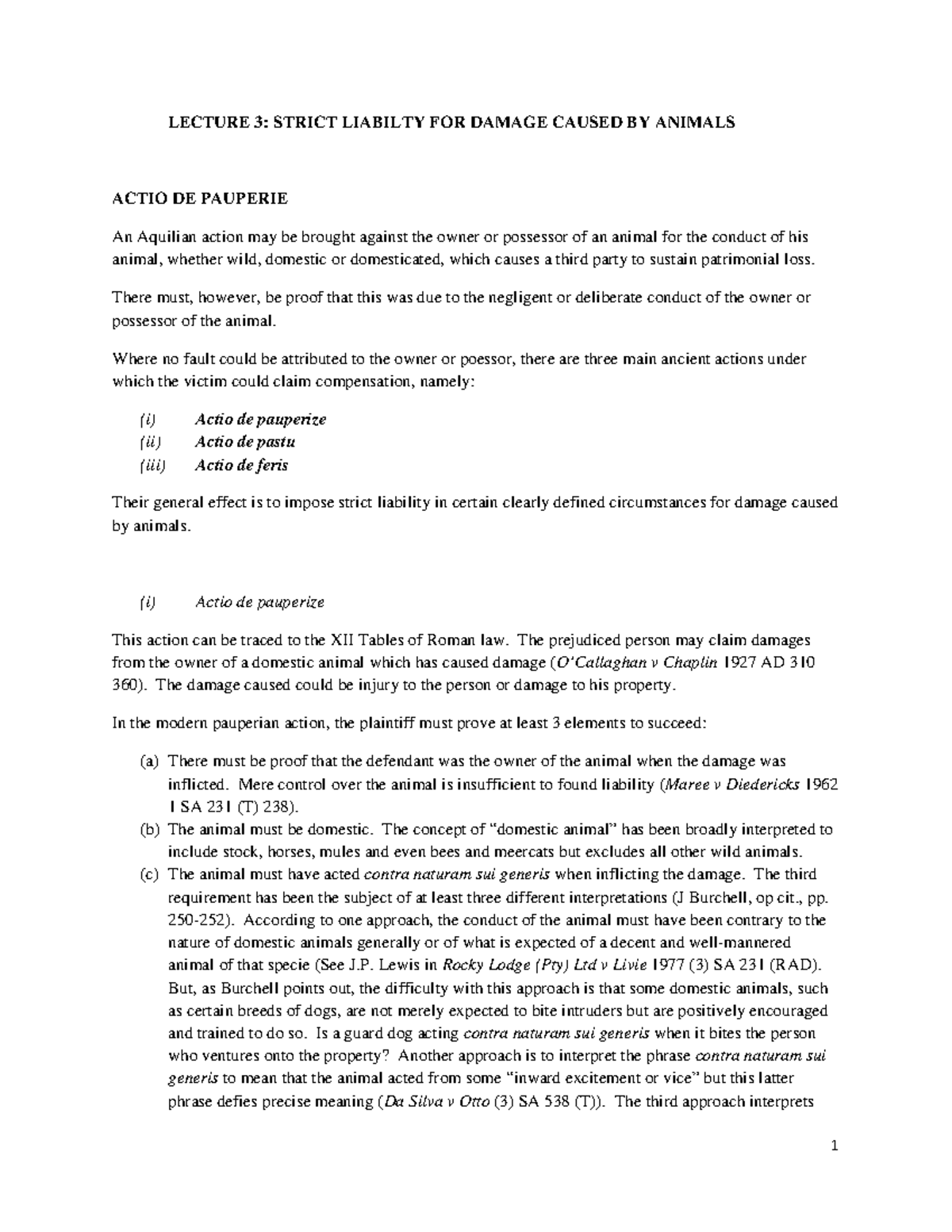 Lecture III Liability For Damages Caused By Animals - LECTURE 3: STRICT ...