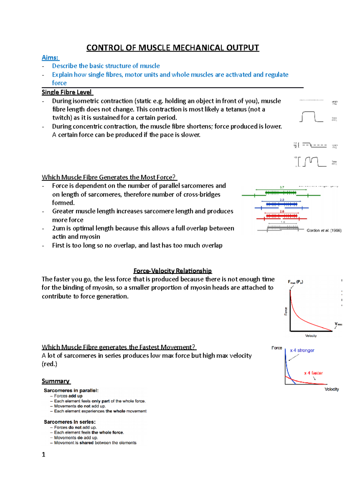 Exercise - Lecture notes 1-22 - CONTROL OF MUSCLE MECHANICAL OUTPUT ...