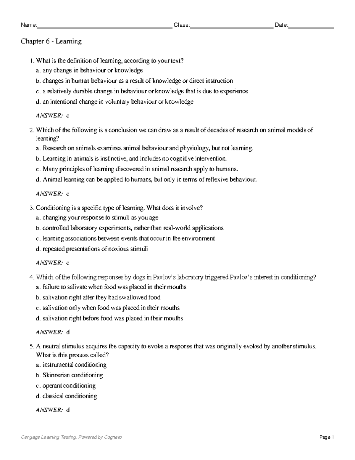 Chapter 6 Learning - 1. What is the definition of learning, according ...