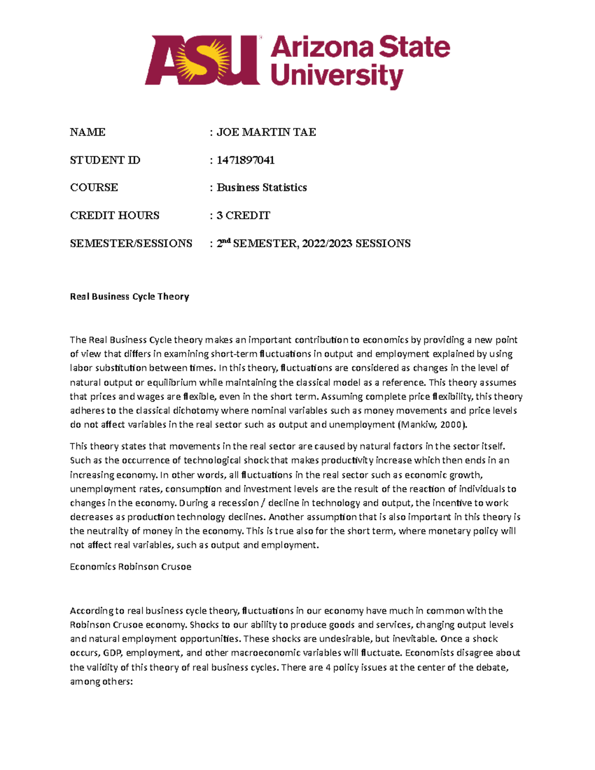 ECN 221 -Real Business Cycle Theory - NAME : JOE MARTIN TAE STUDENT ID ...