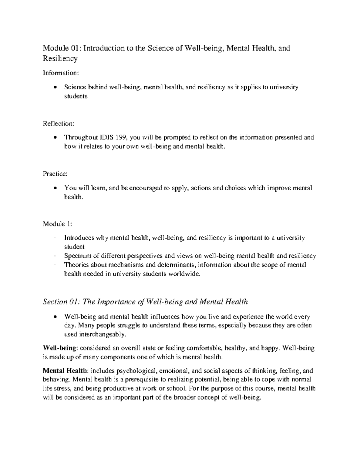 Module 1 Introduction To The Science Of Well Being Mental Health And Resiliency Module 01