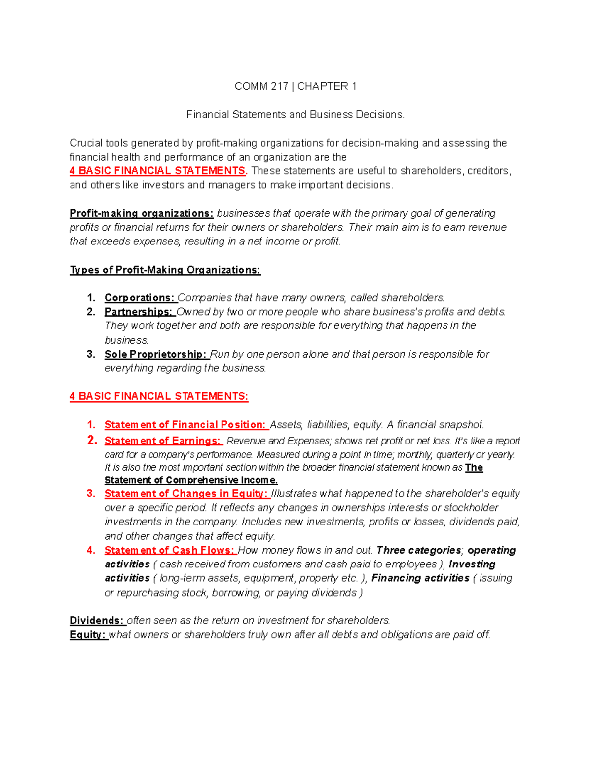 COMM 217 4 Basic Financial Statements - COMM 217 | CHAPTER 1 Financial Statements and Business ...