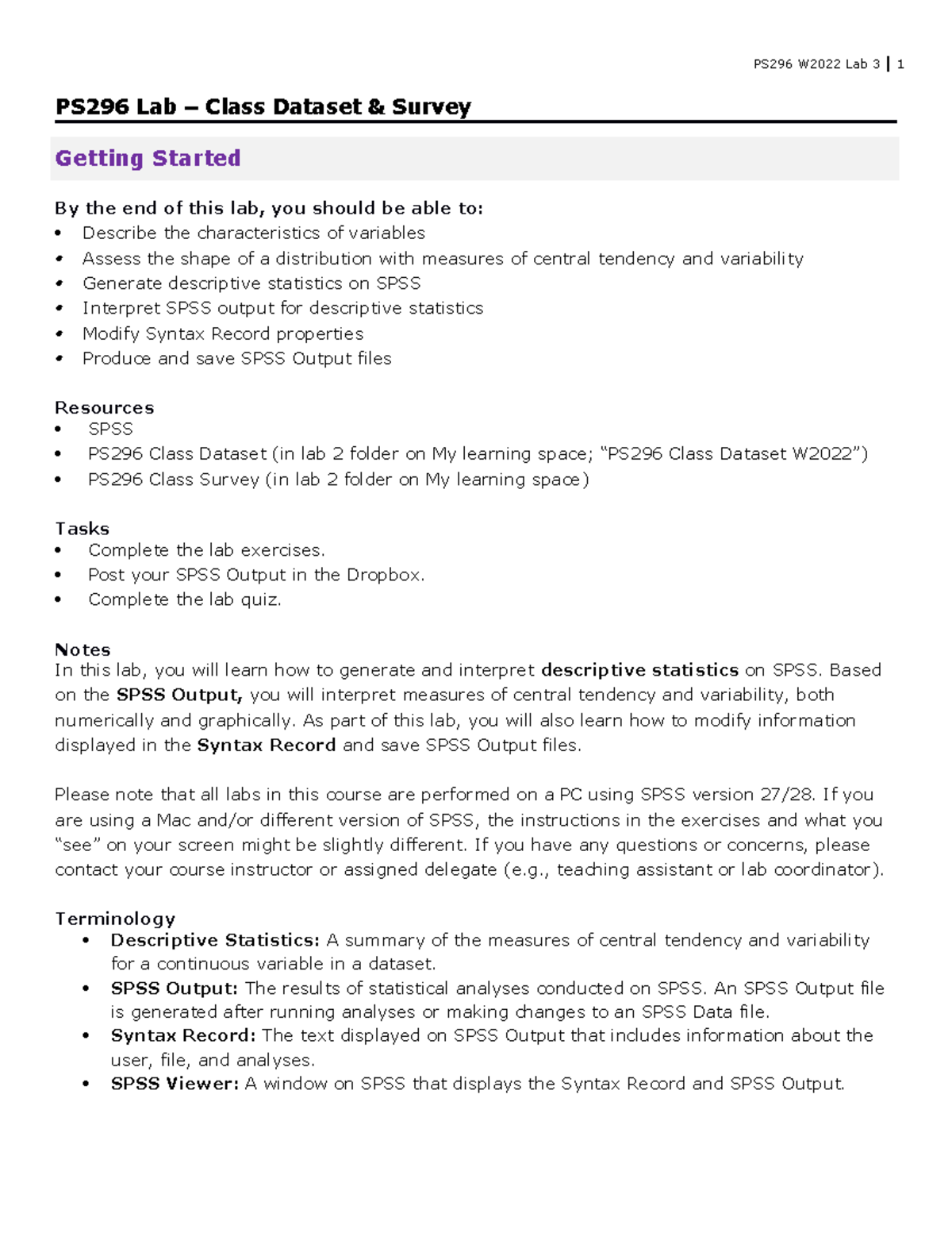 PS296 LAB 3 W2022 - Descriptive Statistics - PS296 Lab – Class Dataset & Survey Getting Started ...