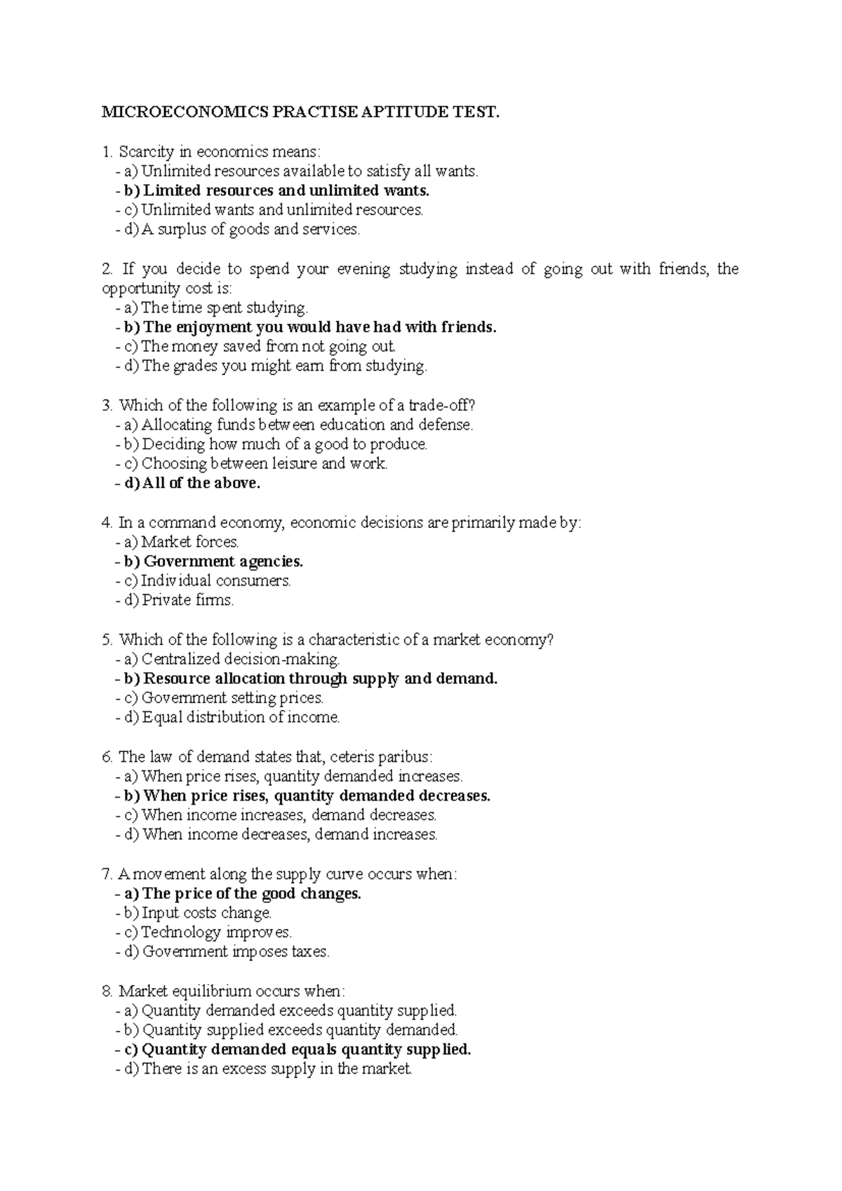 Microeconomics Fundamentals Aptitude Test With Answers - MICROECONOMICS ...